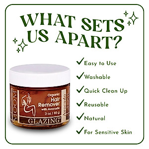 MOOM Organic Lip, Face & Eyebrow Wax Kit - Hair Removal Glaze with Avocado Oil, Agar Agar & Green Tea - Includes 18 Reusable Waxing Strips & 6 Waxing Application Sticks - 3 oz. Wax Jar, 1 Pack