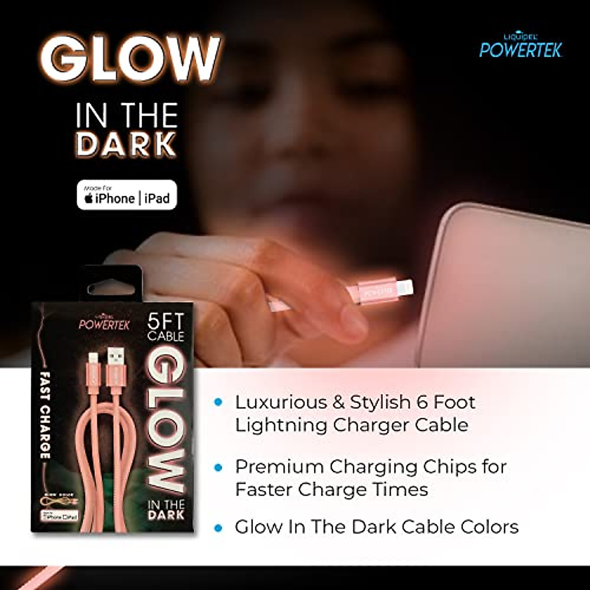 LIQUIPEL Powertek Glow MFi Certified Charger Compatible for Apple iPhone, iPad, 5ft Cable, Lightning to USB Cable Cord, Fast Charging Lightning Cable (Pink)