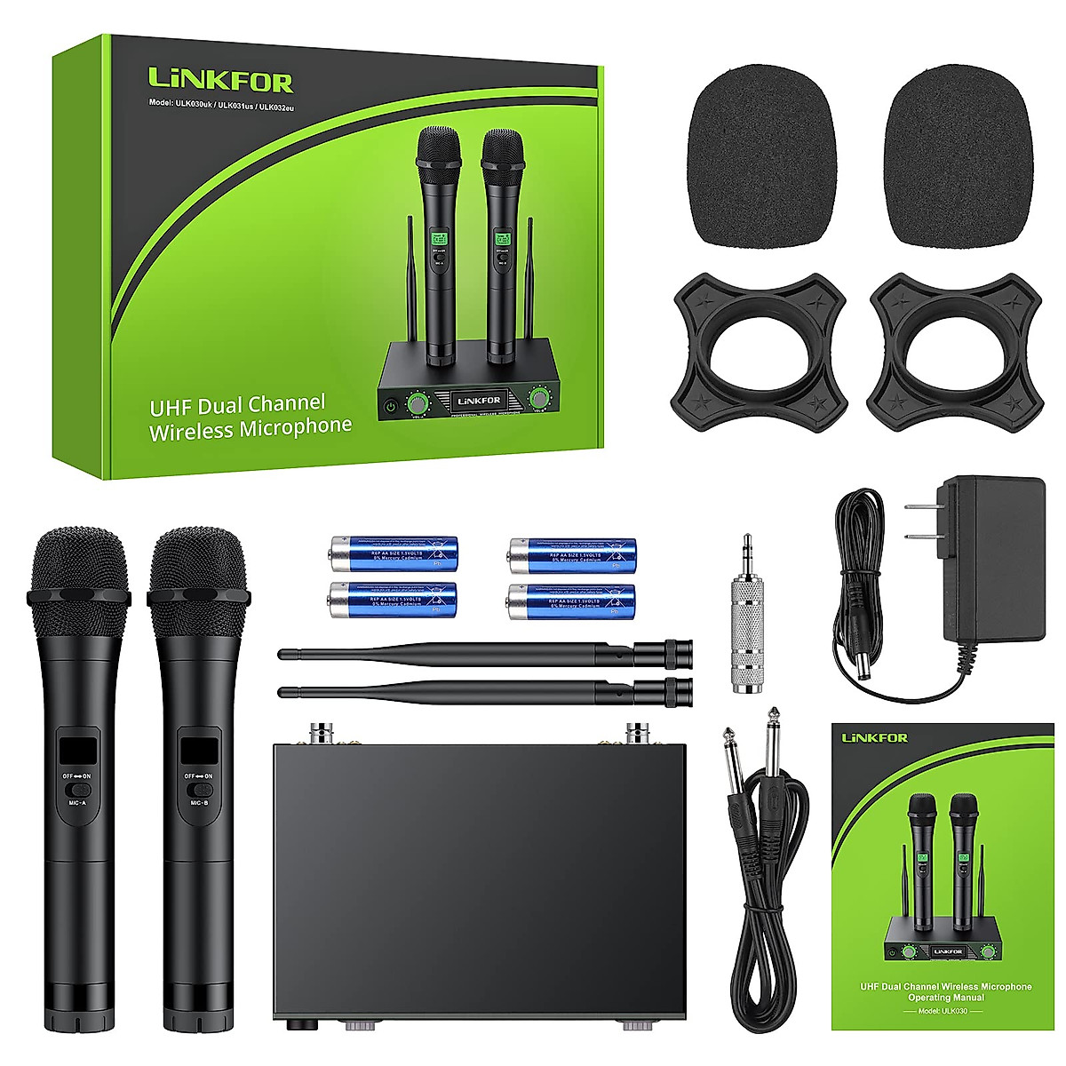 LiNKFOR Wireless Microphone, UHF Wireless Karaoke Microphone System, Professional Dual Cordless Microphone 196ft Transmission Range, Wireless Mic for Church, Wedding, Conference, Party