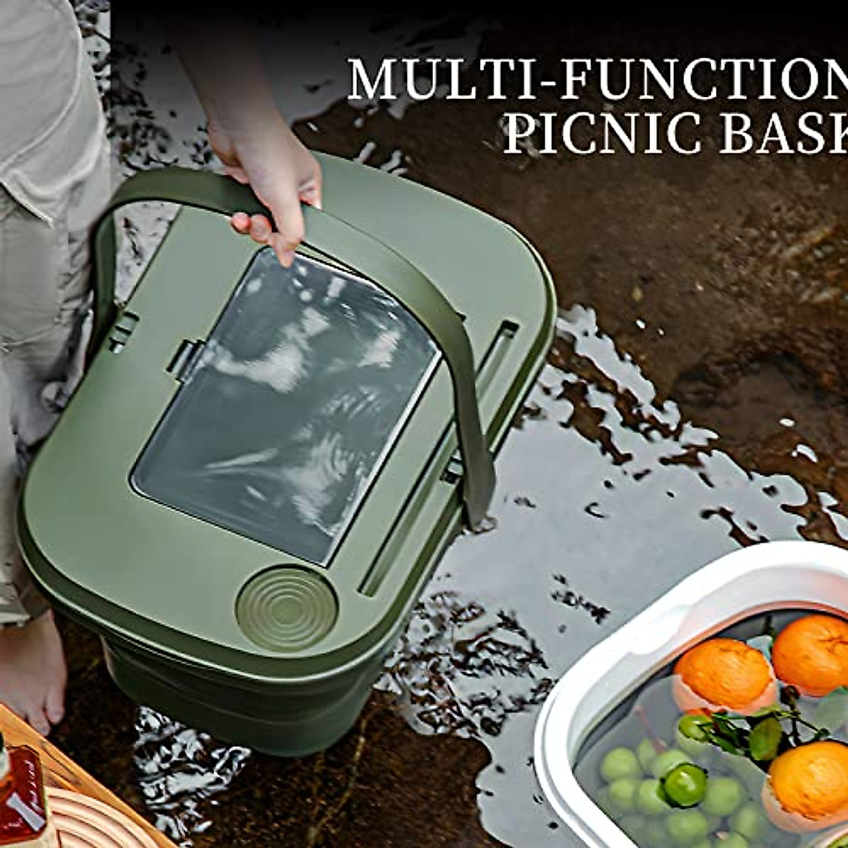 QMCAHCE Picnic Basket with Tableware and Tray Table, Foldable Basket, Collapsible Camping Basket with Handle, Portable Sink, Basin, Bucket for Hiking Yard BBQ(Green)