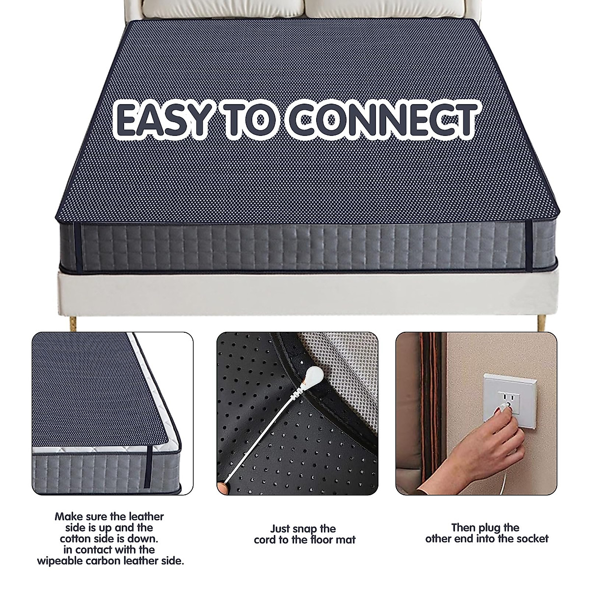 WAUZOBLE Grounding Mat for Bed, Grounding Mattress Pad for Sleeping, Conductive Carbon Leatherette Grounding Mattress Cover with Elastic Straps for Efficient Sleep, Relieve Pain and Stress（27x72）