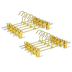 Amber Home 20 Pack Shiny Gold 12 Inch Metal Pants Skirts Hanger, Sturdy for Slacks Trousers with 2 Adjustable Non Slip Clips and Swivel Hook (20 Pack)