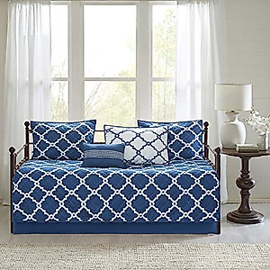 Madison Park Essentials Merritt Reversible Daybed Cover-Fretwork Print, Diamond Quilting All Season Cozy Bedding with Bedskirt, Matching Shams, Decorative Pillow, 75"x39", Navy 6 Piece