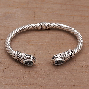 NOVICA Artisan Handmade Blue Topaz Cuff Bracelet Silver Floral from Bali Sterling Indonesia Birthstone 'Floral Iridescence'