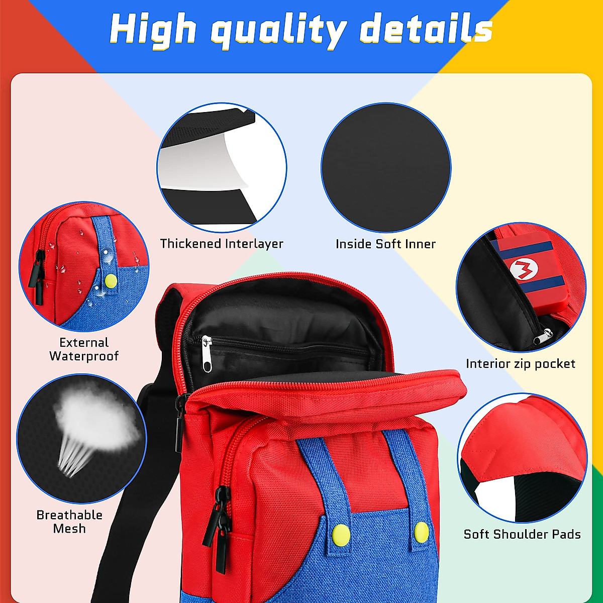 GLDRAM Theme for Mario Switch Travel Bag, Cute Carrying Bag for Nintendo Switch/OLED/Lite, Breathable Switch Crossbody Shoulder Backpack Accessories Bundle with 12 Slots Game Case Holder & Thumb Caps