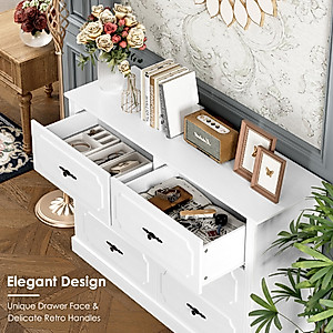 FINETONES White Dresser 6 Drawer, 47.2'' White Dresser Chest of Drawers, Farmhouse Wide Dresser White Chest of Drawers with Designed Drawer Surfaces, 6 Drawer Dresser Storage Organizer