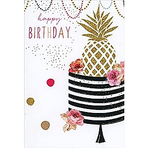 Pictura Pineapple in Black and White Striped Pedestal Birthday Card