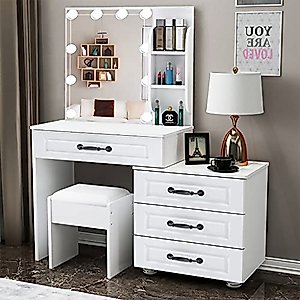 Vanity Set Dressing Table with Makeup Mirror & 10 Light Bulbs, White Vanity Table with Drawers & Cushioned Stool for Bedroom Modern (H1951)