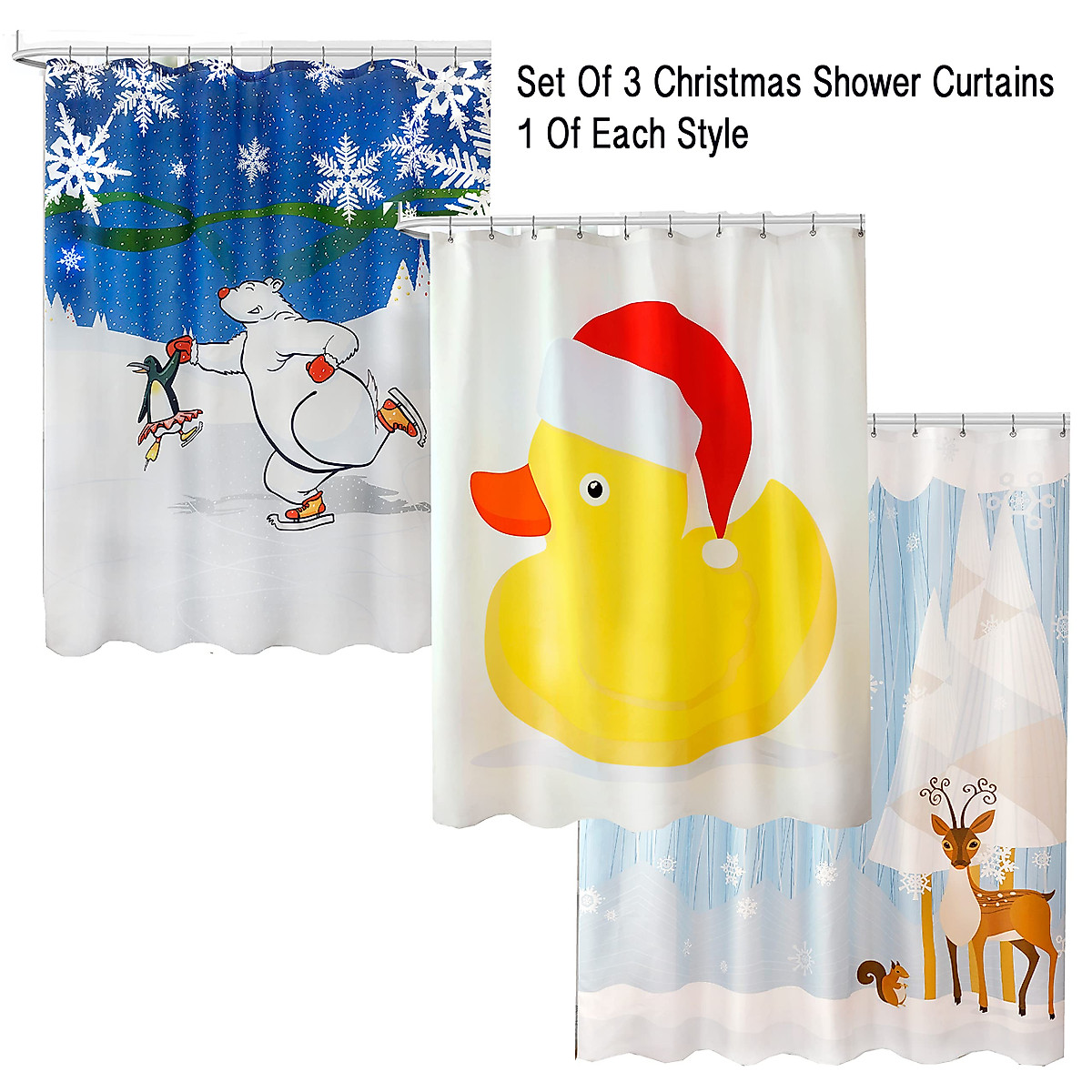 Carnation Home Fashions Christmas Shower Curtain 3 Pack - 1 Each Christmas Rubber Ducky, Christmas Critters Forest Friends, Polar Bear Ice Dancer - Set 3 Fabric Xmas Shower Curtains, Multi Color