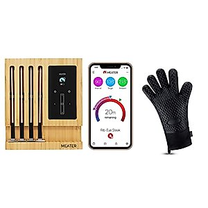 MEATER Block 4-Probe Upgraded Smart Premium Meat Thermometer with 165ft Long Range Bluetooth and WiFi for The Oven Grill Kitchen BBQ Smoker Rotisserie Bundled with HogoR BBQ Grill Black Glove
