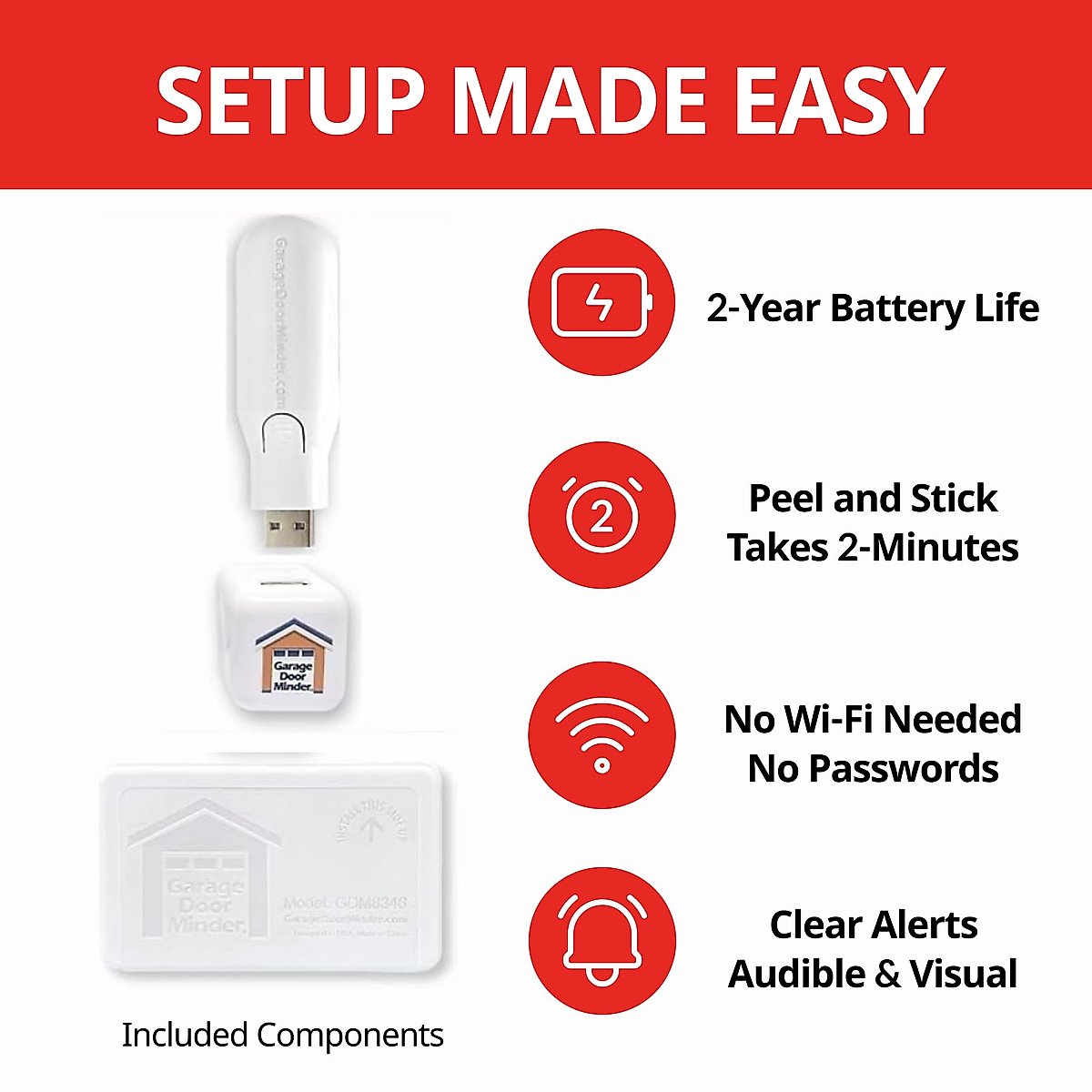 Garage Door Minder® Version II. 100% Wireless. Installs in Two Minutes! No Wi-Fi. in-Home Monitor & Alert System. Great for Seniors!