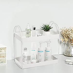 Hacaroa Bathroom Countertop Organizer with Handle, 2 Tier Kitchen Spice Rack Standing Shelf, Metal Cosmetic Makeup Storage Holder Vanity Tray Stand for Cabinet, Under Sink, White