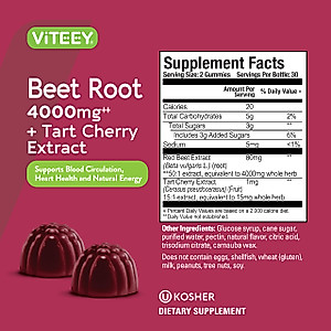 Beet Root Gummies 4000mg with Tart Cherry - for Healthy Blood Pressure Support - Vegan, Gelatin Free, Gluten Free - Tasty Chewable Berry Beet Flavored Gummy