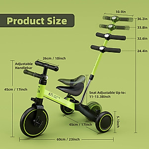 67i Tricycles for 1-3 Year Old Toddler Tricycle with Push Handle 1-3 Years Old Trikes for Toddlers Push Handle Kids Push Trike Toddler Bike Removable Pedals Adjustable Seat and Handle (Green)