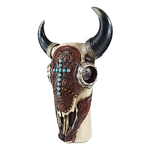 Ebros Gift Colorful Southwestern Native Indian Cow Skull with Turquoise Cross and Faux Tooled Leather Mask Desktop Floral Flower Vase Planter Figurine Wildlife Bisons Bulls Spirit Totem Accent