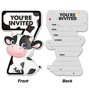 20 Cow 7th Birthday Party Invitations with Envelopes Double Sided Farm Animal Cow Shaped Fill-in Invitations Invites for 7 Year Old