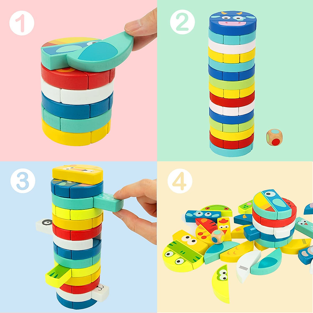 TOOKYLAND Wooden Tumble Tower Game - 61pcs - Stacking Blocks, Animal Cards and Die. Ages 3+