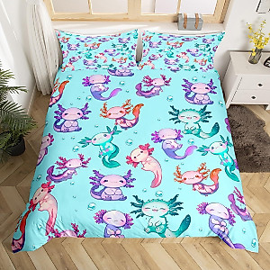 Manfei Cartoon Axolotl Bedding Set Twin Size for Bedroom Decorative,Cute Purple Blue Wildlife Animal Duvet Cover,Green Polka Dots Sea Creature Bedding Quilt Cover with 1 Pillow Cases