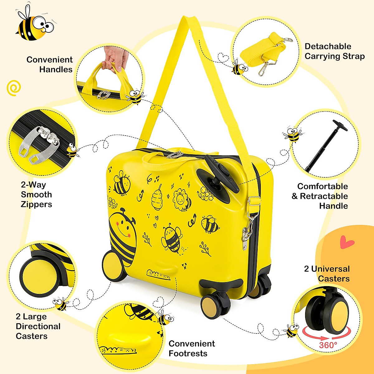 Goplus 2 PCS Kid Luggage, 18” Ride on Suitcase W/Spinner Wheels, 12” Backpack W/Anti-Lost Rope, Carry Strap, Sit on Rolling Carry on Luggage Set for Girls Boys Travel (Yellow Bee)