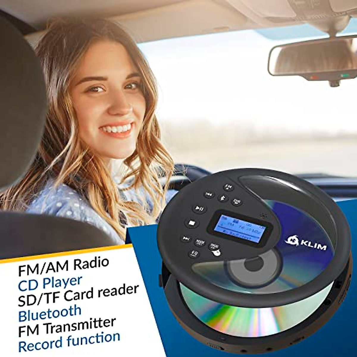 KLIM Discover + Portable CD Player Walkman with Long-Lasting Battery + New 2024 + with Headphones + Radio FM + Compatible MP3 CD Player Portable + SD Card, FM Transmitter, Bluetooth + Ideal for Cars