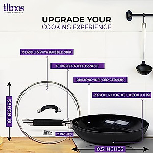 Ilinos 10 Inch Frying Pan - Non-stick Ceramic Pan with Lid for Gas and Induction Cookers, Oven and Dishwasher Safe Frying Pan With Lid, High Heat Resistance and Even Heat Distribution