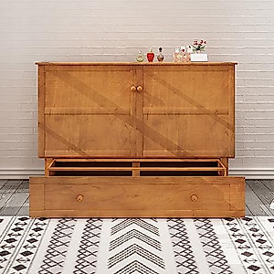 Mjkone Murphy Bed Cabinet, Queen Cabinet Bed with Foldable Foam Mattress, Chest Bed with USB Charging Station&2 Large Drawers, Folding Bed Cabinet for Guest Room/Living Room/Bedroom/Office (Cherry