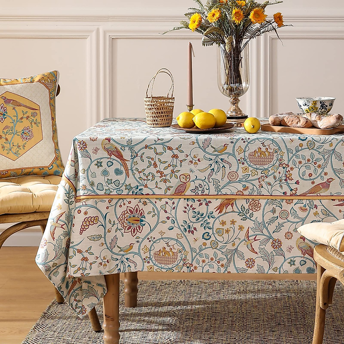 patdrea Floral Linen Table Cloth Durable Breathable Tabletop Cover Dacorative Kitchen Dining Tablecloth for Rectangular Square Tables for Parties,Holiday 63"x 94"