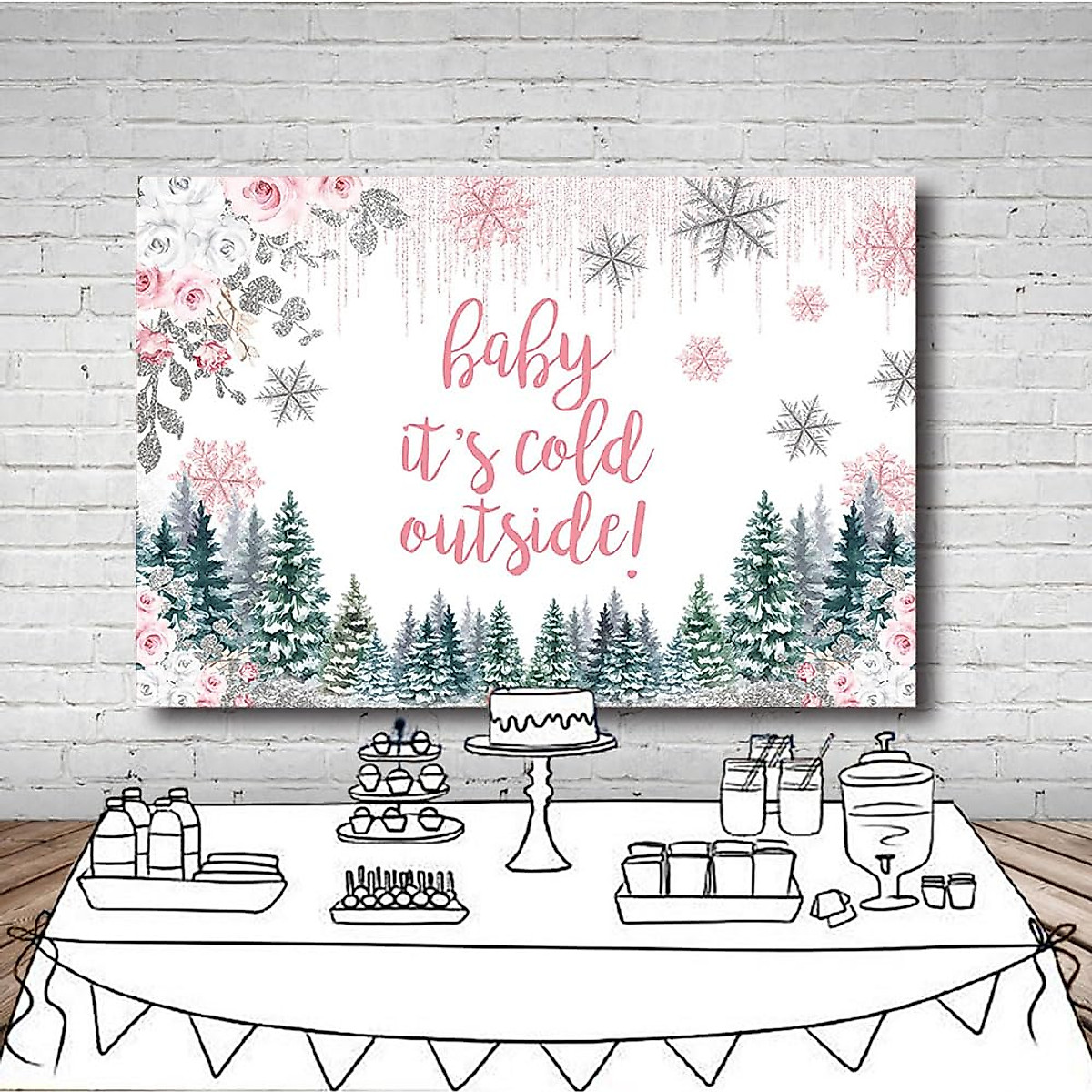 MEHOFOND 7x5ft Winter Baby Shower Backdrop for Girls Baby It's Cold Outside Pink Floral Photography Background Little Snowflake Pine Tree Oh Baby Party Banner Decorations Photo Booth Props