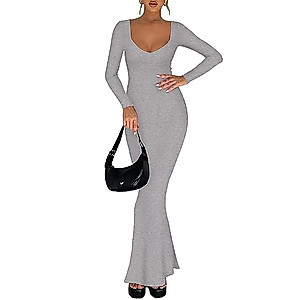 REORIA Women's Sexy Casual V Neck Long Sleeve Lounge Long Dress Elegant Fall Wedding Guest Tight Ribbed Bodycon Maxi Dresses Light Grey Small