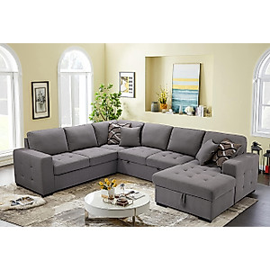 Eafurn U Shaped Sectional Pull Out Bed and Storage Chaise, Oversized Convertible Sleeper Detachable Cushion Back,Comfy Upholstered Sofa & Couch Sofabed for Living Room, Grey 6 Seater 123"