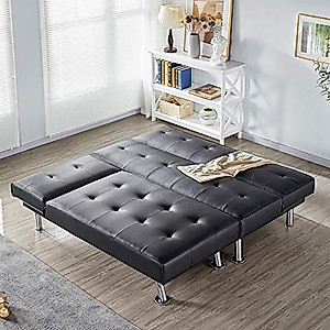 Topeakmart Sectional Sofa Couch Bed Convertible L-Shaped Faux Leather Couch Foldable Futon Sofa Sleeper with Reversible Chaise Lounge for Living Room Black