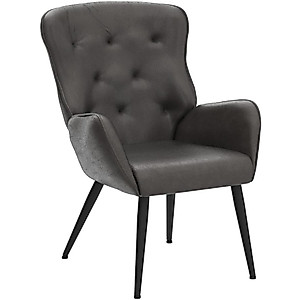 BFZ Faux Leather Accent Chair with High Back Design, Armchair with Metal Legs in Modern Style, Comfy Upholstered Wingback Chair for Living Room, Bedroom, and Office(Black Grey)