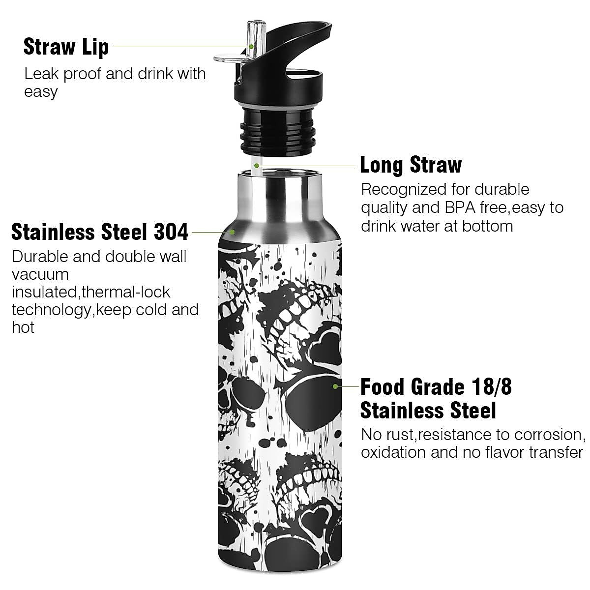 Glaphy Vintage Skulls Retro Water Bottle with Straw Lid, BPA-Free, 20 oz Water Bottles Insulated Stainless Steel, for School, Office, Gym, Sports, Travel