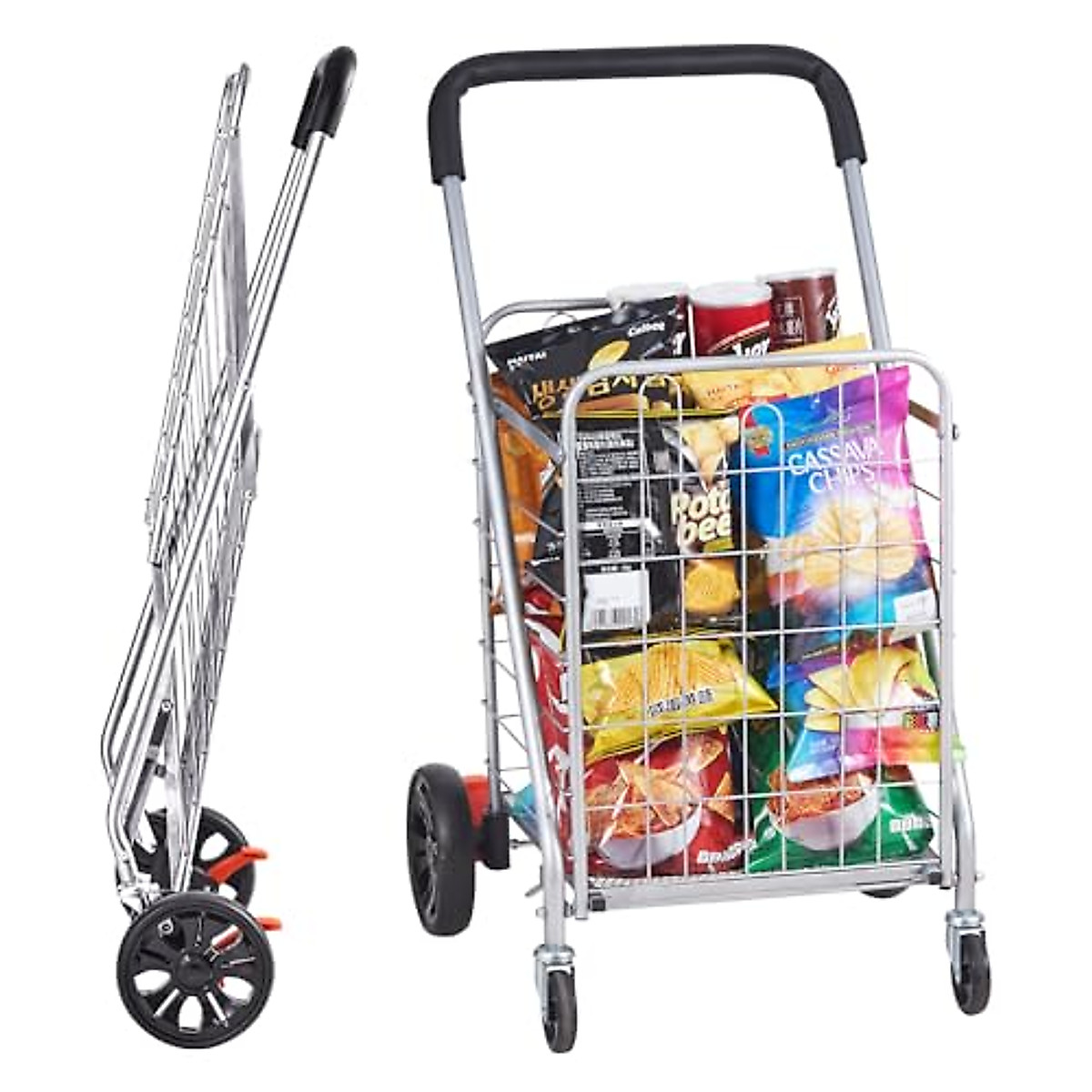 VEVOR Folding Shopping Cart, 110 lbs Static Load Capacity, Grocery Utility Cart with Rolling Swivel Wheels, Heavy Duty Foldable Laundry Basket Trolley Compact Lightweight Collapsible Luggage, Silver