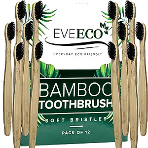 EveEco 12 Count I Bamboo Toothbrush I Soft Bristles Best for Sensitive Gums I Charcoal I Vegan I Natural Wood I BPA Fee I Recyclable I Compostable I Biodegradable | Environmentally Friendly