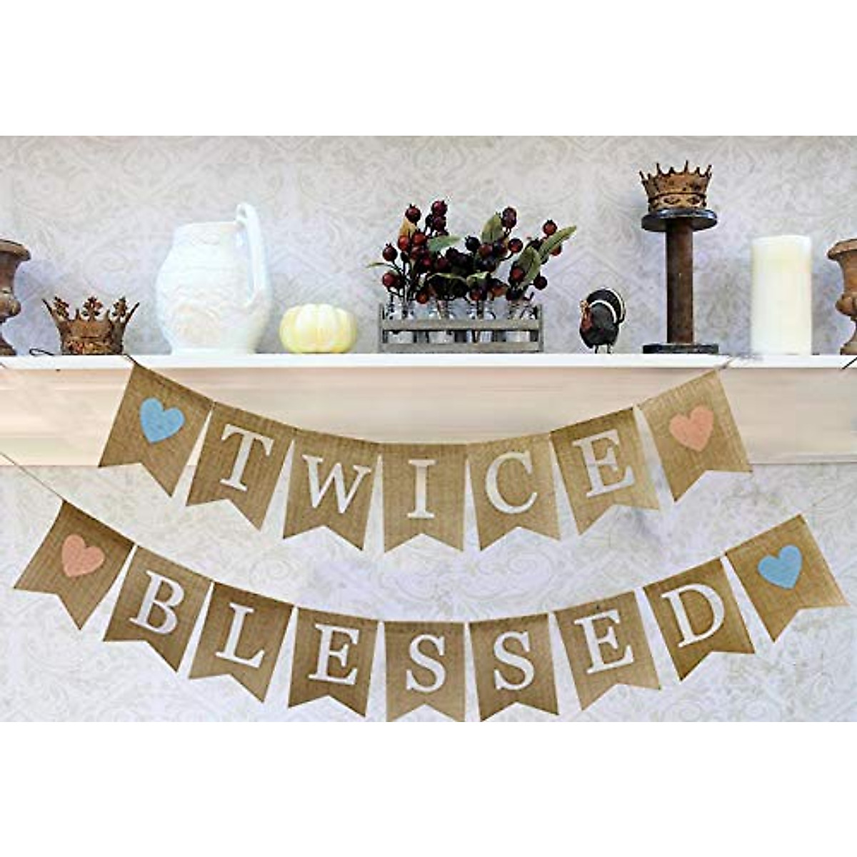 Rustic Burlap Twice Blessed Banner,Twins Baby Shower Gender Reveal Party Supplies and Decorations,Pregnancy Photo Prop,Twin Boys Girls Bunting for Nusery Room Decor