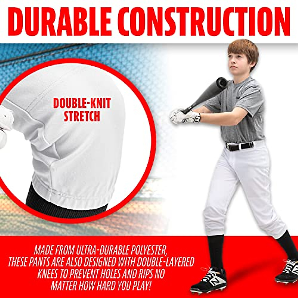 Franklin Sports Youth Baseball + Softball Pants - Knee High White Baseball Pants for Kids - Boys + Girls Knicker Style with Belt Loop - White - Extra Large