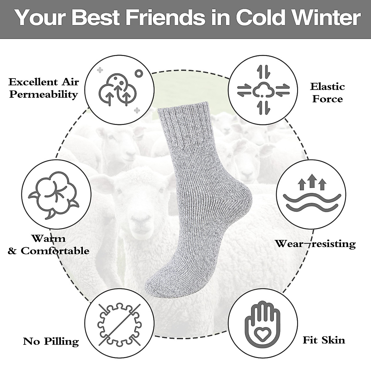 Clothclose 5 Pairs Wool Socks - Warm Wool Socks For Women/Men, Super Soft Crew Socks Boot Socks, Thick Knit Cozy Socks