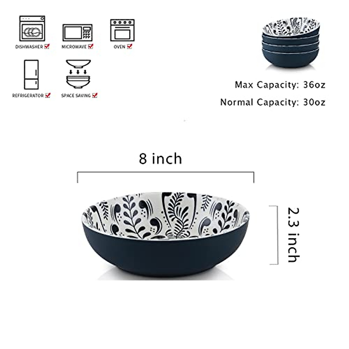 Selamica Ceramic 8-inch Printing Bowls, 30 Ounce Large Pasta Salad Bowls, Wide and Shallow Soup Bowls, Microwave Dishwasher Safe, Set of 4, Blue Floral.