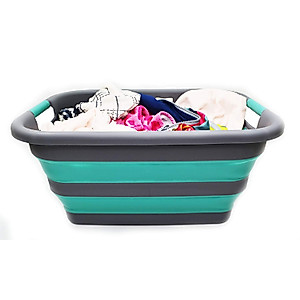 SAMMART 41L Set of 2 Collapsible Plastic Laundry Basket - Foldable Pop Up Storage Container/Organizer - Portable Washing Tub - Space Saving Hamper/Basket (2, Grey/Turquoise Blue)