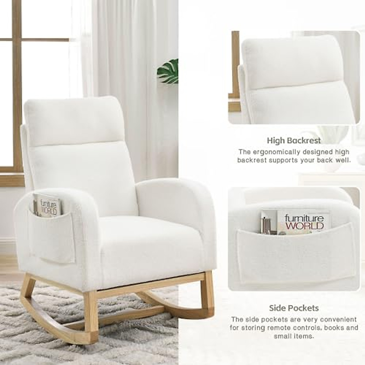 JEEOHEY Rocking Chair Nursery,Teddy Fabric Upholstered Baby Glider Rocker Chair,Comfy Accent Arm Chair with Side Pockets&Solid Wood Legs,Modern Nursing Single Sofa Chair for Living Room,Bedroom(White)