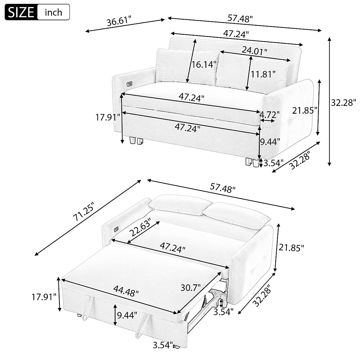 Modern Convertible Pull-out Sofa Bed with Adjustable Backrest, 2 Seat Loveseat Sofa Couch, Corduroy Fabric Sleeper Sofa with 2 Throw Pillows and USB Ports for Living Room Office (DARK GREY-2)