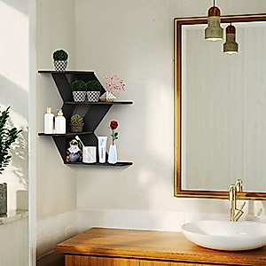 idee-home Corner Shelf Wall Mount, Rustic Hanging Floating Corner Shelf 4 Tier for Corner Wall Shelves Decor, Wood Mounted Decorativa Wall Storage Shelves for Bedroom, Bathroom, Black