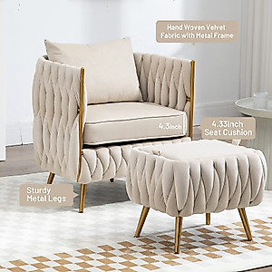 NIOIIKIT Modern Velvet Accent Chair with Storage Ottoman, Upholstered Hand Woven Lounge Chair with Pillow, Luxury Armchair, Vanity Chair for Living Room, Bedroom, Office (Beige)
