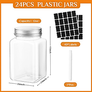 12 Oz Square Plastic Jar Storage Container with Lids Labels Pen, Wide Mouth Clear PET Seal Jar Empty Candy Jar Airtight Plastic Mason Jars Plastic Spice Containers for Kitchen Storage Craft (24 Pcs)