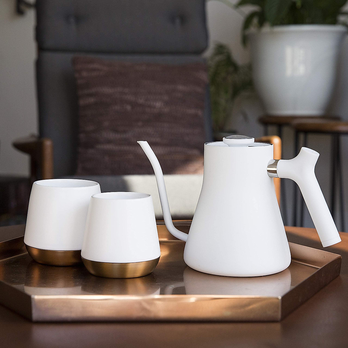 Fellow Stagg Stovetop Pour-Over Coffee and Tea Kettle - Gooseneck Teapot with Precision Pour Spout, Built-In Thermometer, Matte White, 1 Liter