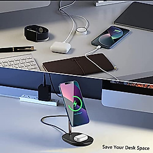 SSA Magnetic Wireless Charging Stand, 3-in-1 Magnetic Stand Lite with 5ft USB-C Cable, Mag-Safe Charger Stand for iPhone 14 12 13 Pro/Max/Mini, AirPods, Apple Watch (with AC Adapter)