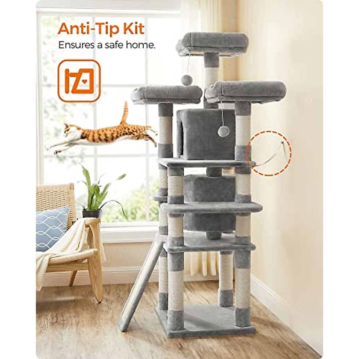FEANDREA 67-Inch Multi-Level Cat Tree for Large Cats, with Cozy Perches, Stable, Light Gray UPCT18W