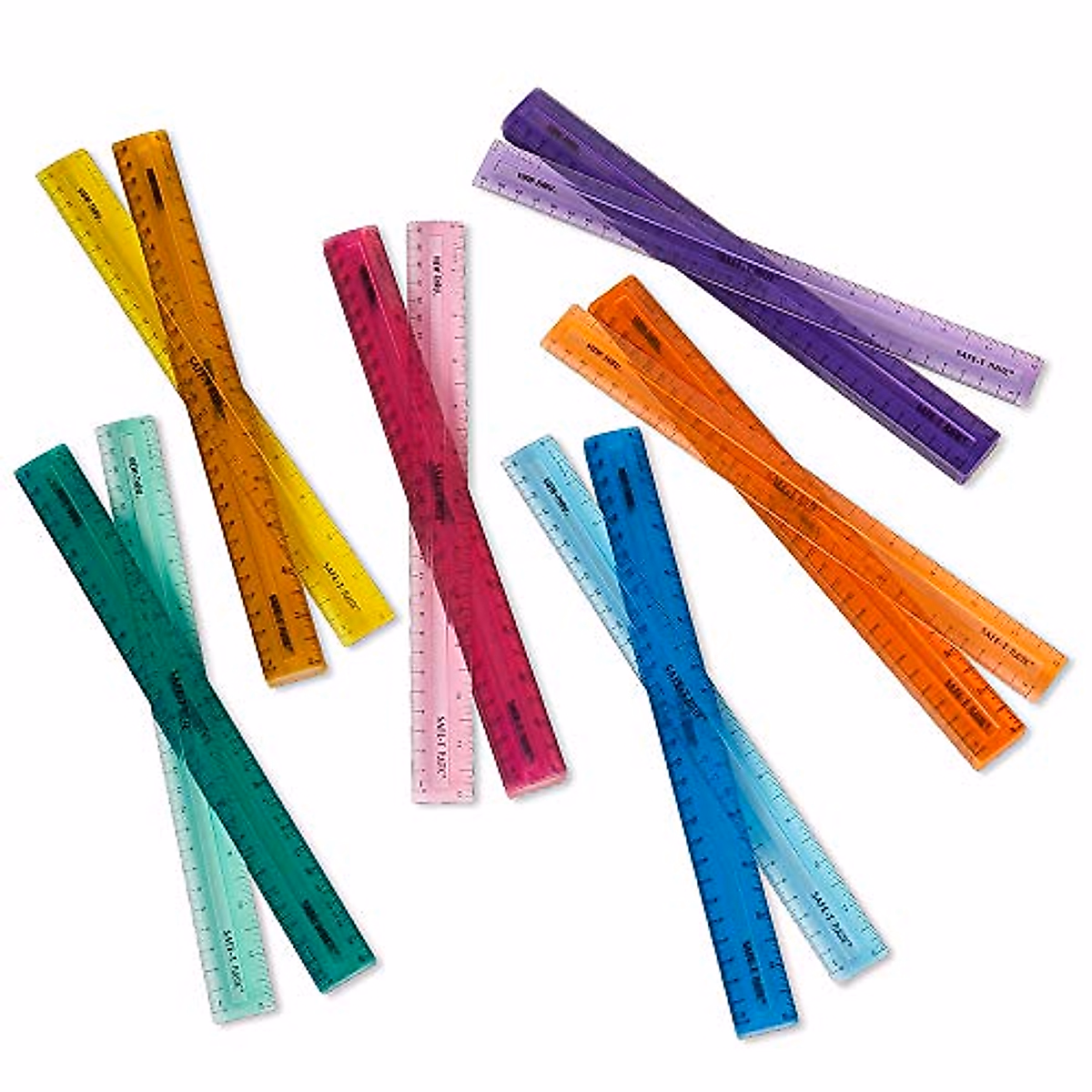 hand2mind 12 inch Multicolored, Transparent, Semiflexible Safe-T Plastic Rulers, Rainbow Clear Rulers for Kids, Flexible Ruler, Rulers for School, Unbreakable Rulers, Straight Edge Ruler (Pack of 48)
