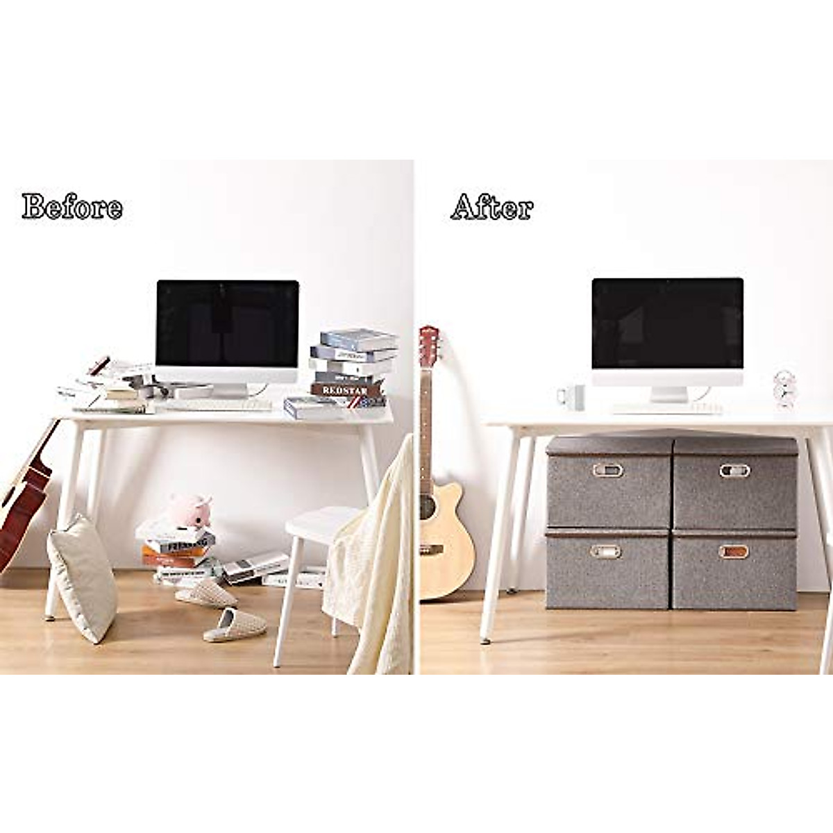 Large Linen Fabric Foldable Storage Container [2-Pack] with Removable Lid and Handles,Storage bin box cubes Organizer - Gray For Home, Office, Nursery, Closet, Bedroom, Living Room